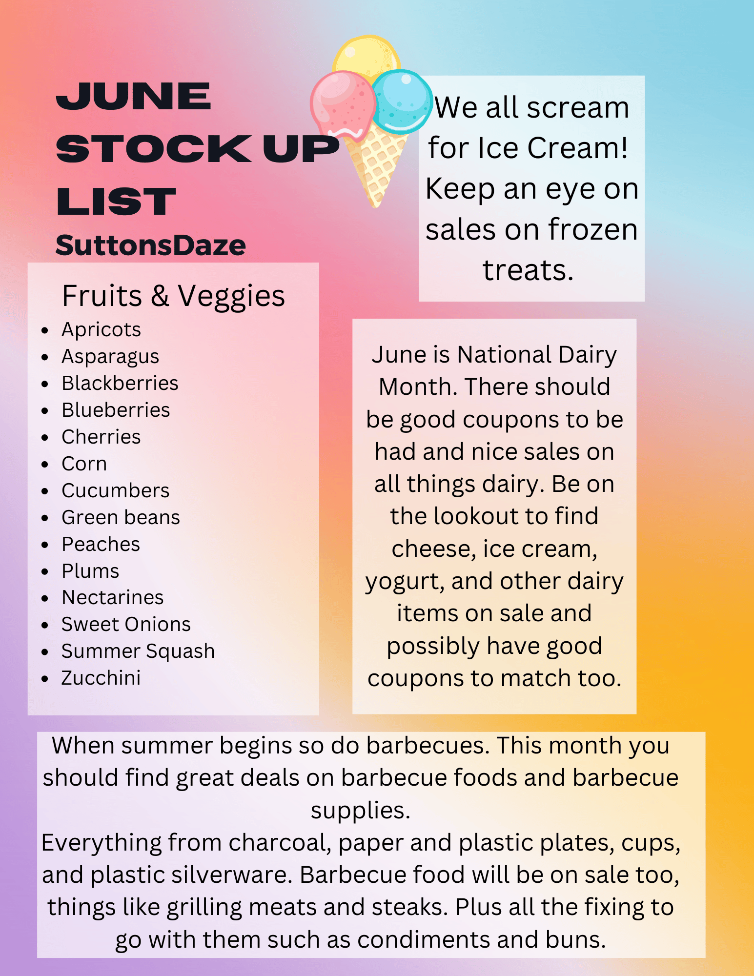 June Stock Up List – Suttons Daze
