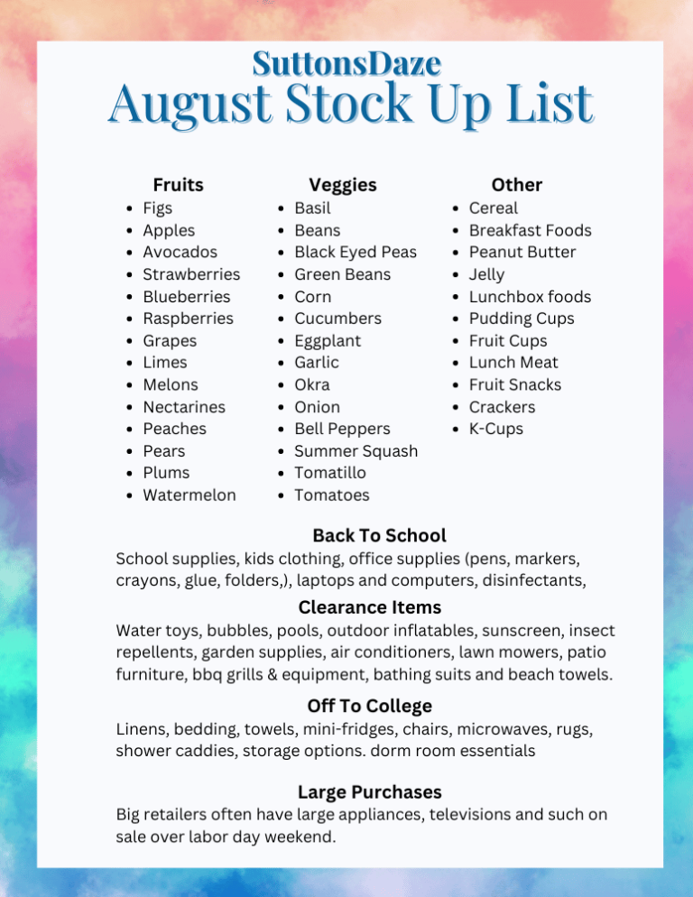 August Stock Up List – Suttons Daze