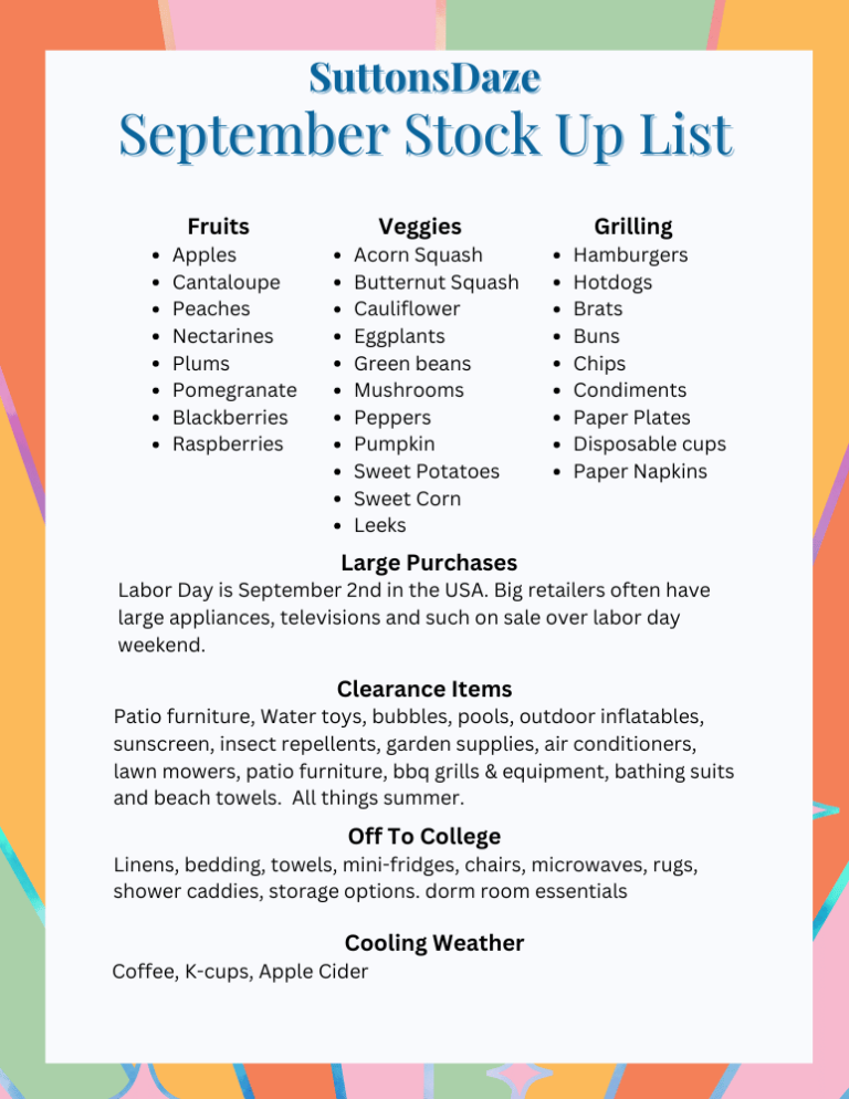 September Stock Up List – Suttons Daze